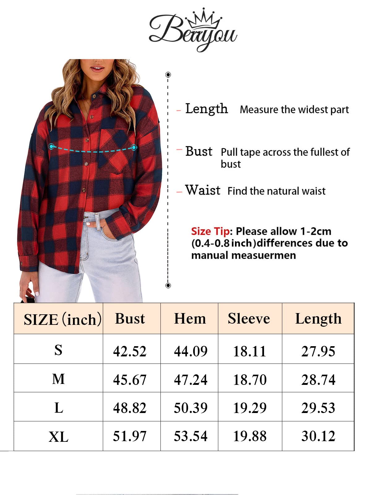 Berryou Flannel Shirts for Women Casual Plaid Button Down Shirt Long Sleeve Blouse Tops Grey L