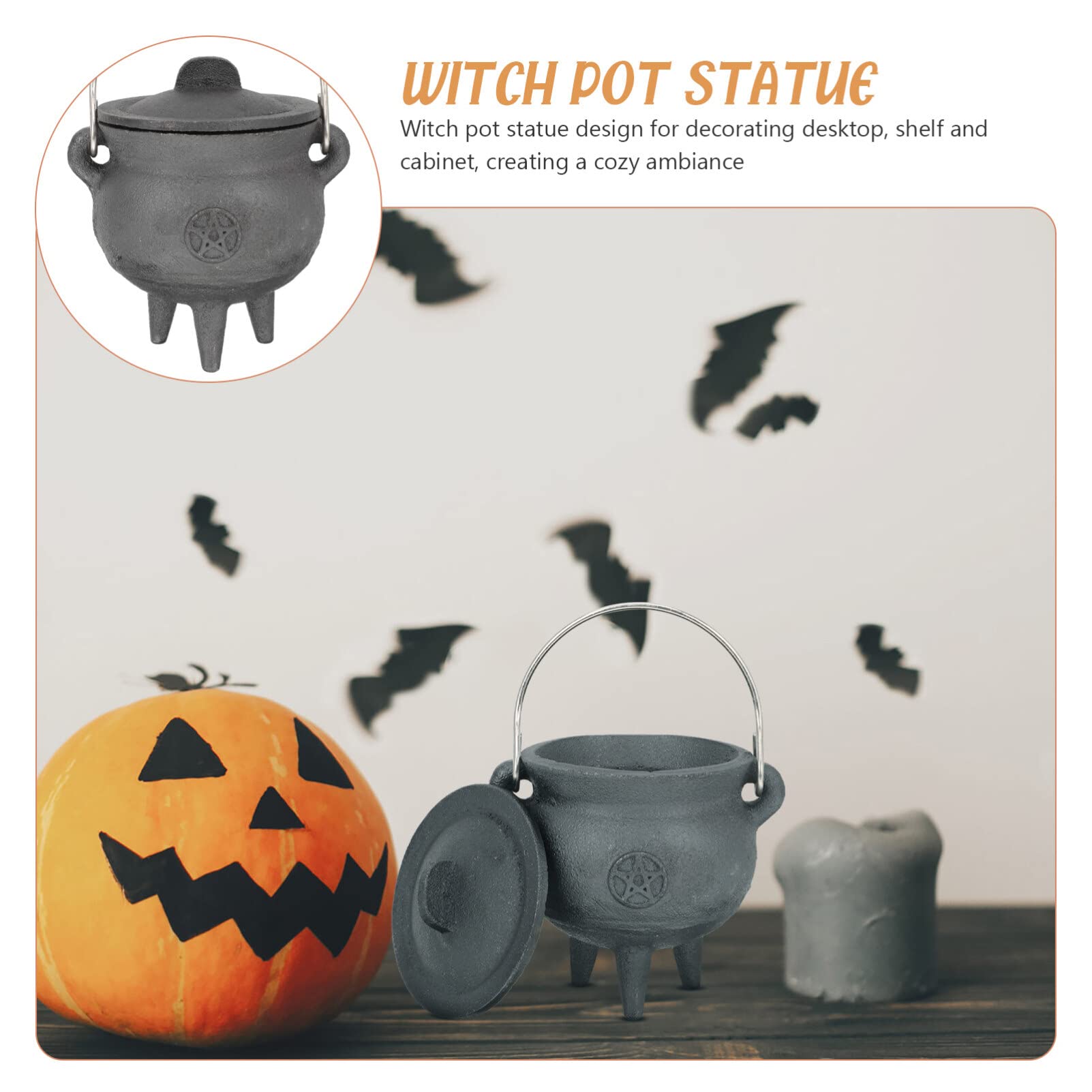 DOITOOL Cast Iron Cauldron with Lid and Handle, Halloween Witch Cauldron, Black Witch Pot for Smudging, Incense Burning, Halloween Decoration (Threephase Moon)