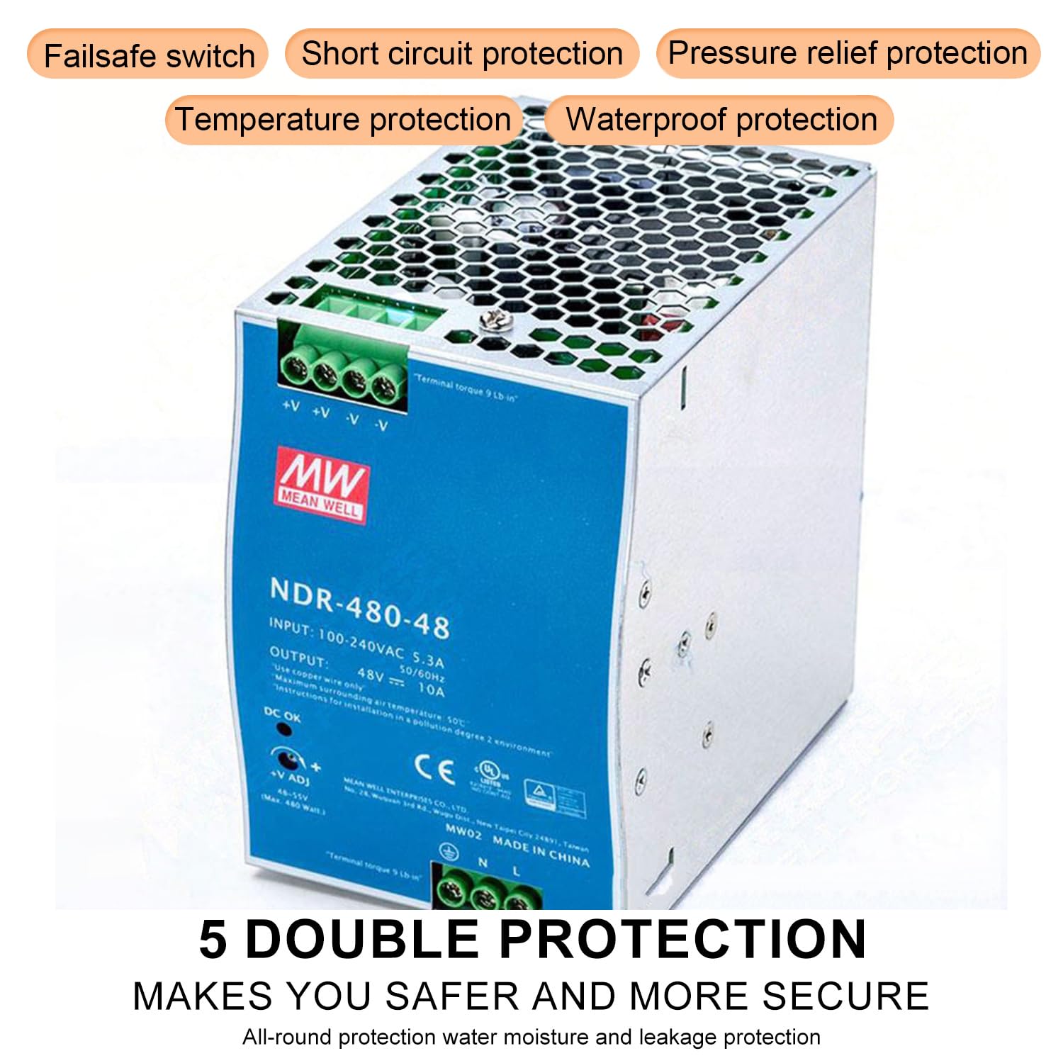 DynMach NDR-480-48 Industrial DIN Rail Power Supply 480W, 48V, 10A, High-Efficiency 93%,90-264VAC Universal Input, Reliable & Durable for Advanced Manufacturing, Automation & Scientific Research