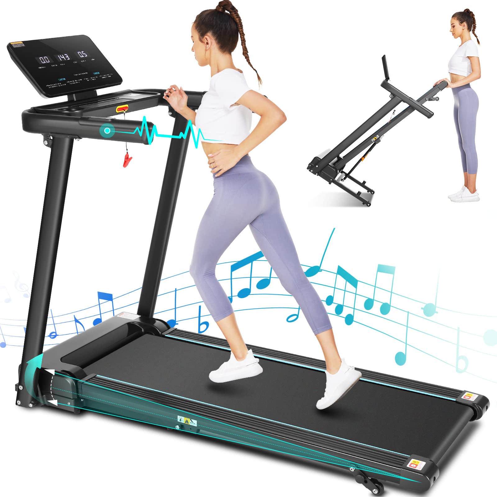 beachey Folding Treadmills, 2in1 Under Desk Treadmill for Home Office Gym Small Spaces Jogging Running Machine with Remote Control, Bluetooth Speaker and LED Display, Installation-Free 2020 Model