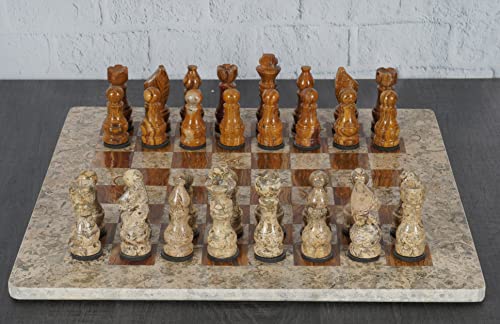 RADICALn 15 Inches Fossil Coral and Dark Brown Weighted Handmade Marble Most Popular Chess Board Games Set - Classic Style Staunton Home Decor Chess Set