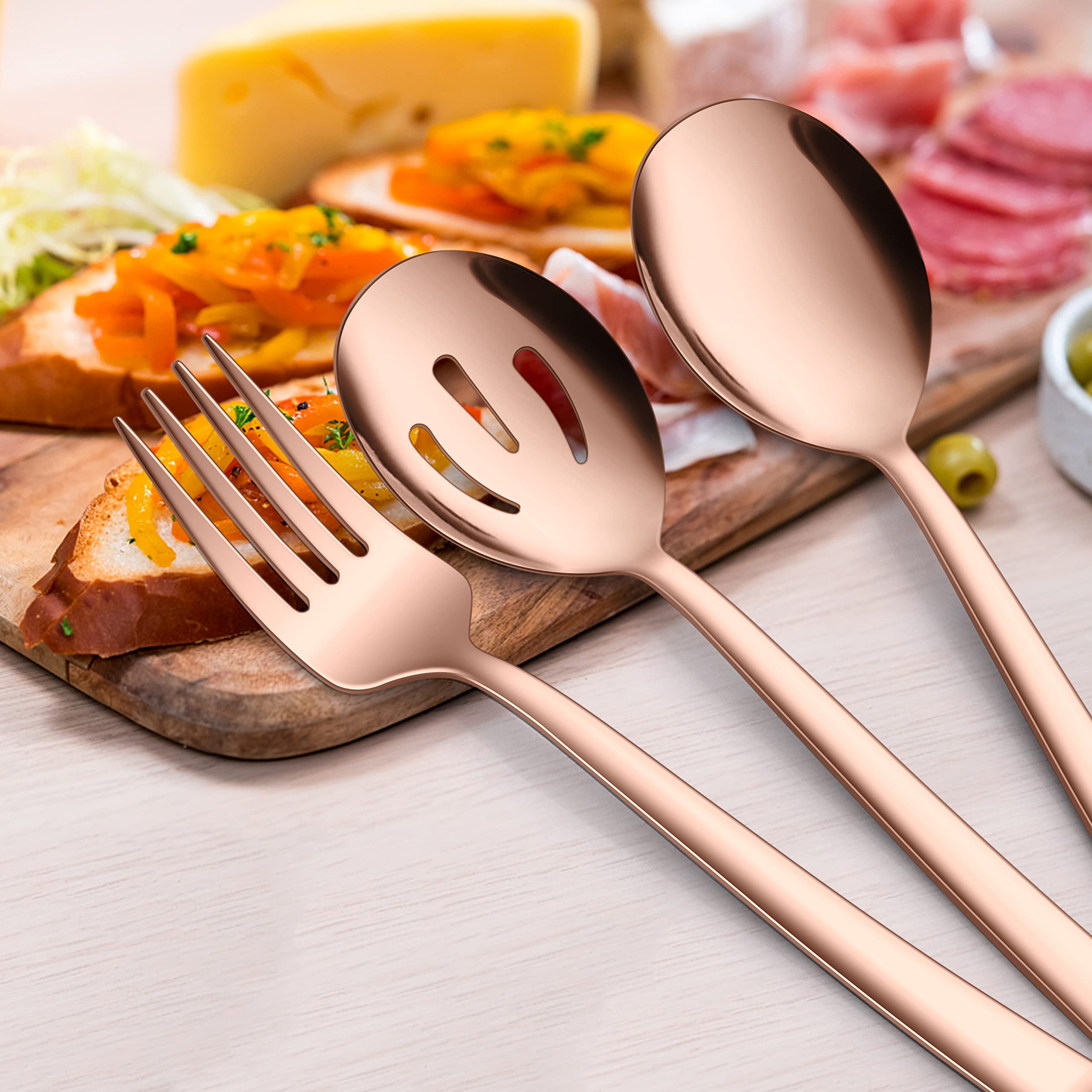 Black Serving Utensils Set of 6, E-far Stainless Steel 8.7 Inch Hostess Serving Set with Square Edge, Metal Serving Slotted Spoons Forks for Party Buffet Catering, Mirror Finished