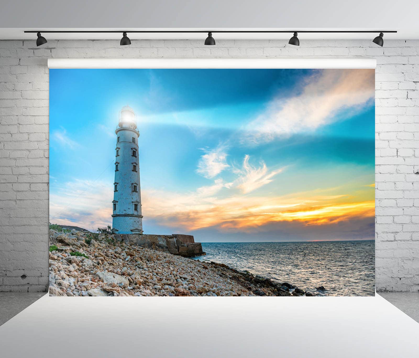 BELECO 7x5ft Fabric Seaside Lighthouse Backdrop for Photography Lighthouse Searchlight Beam Sunset Seascape Scenery Background Nautical Party Decorations Studio Booth Photo Props