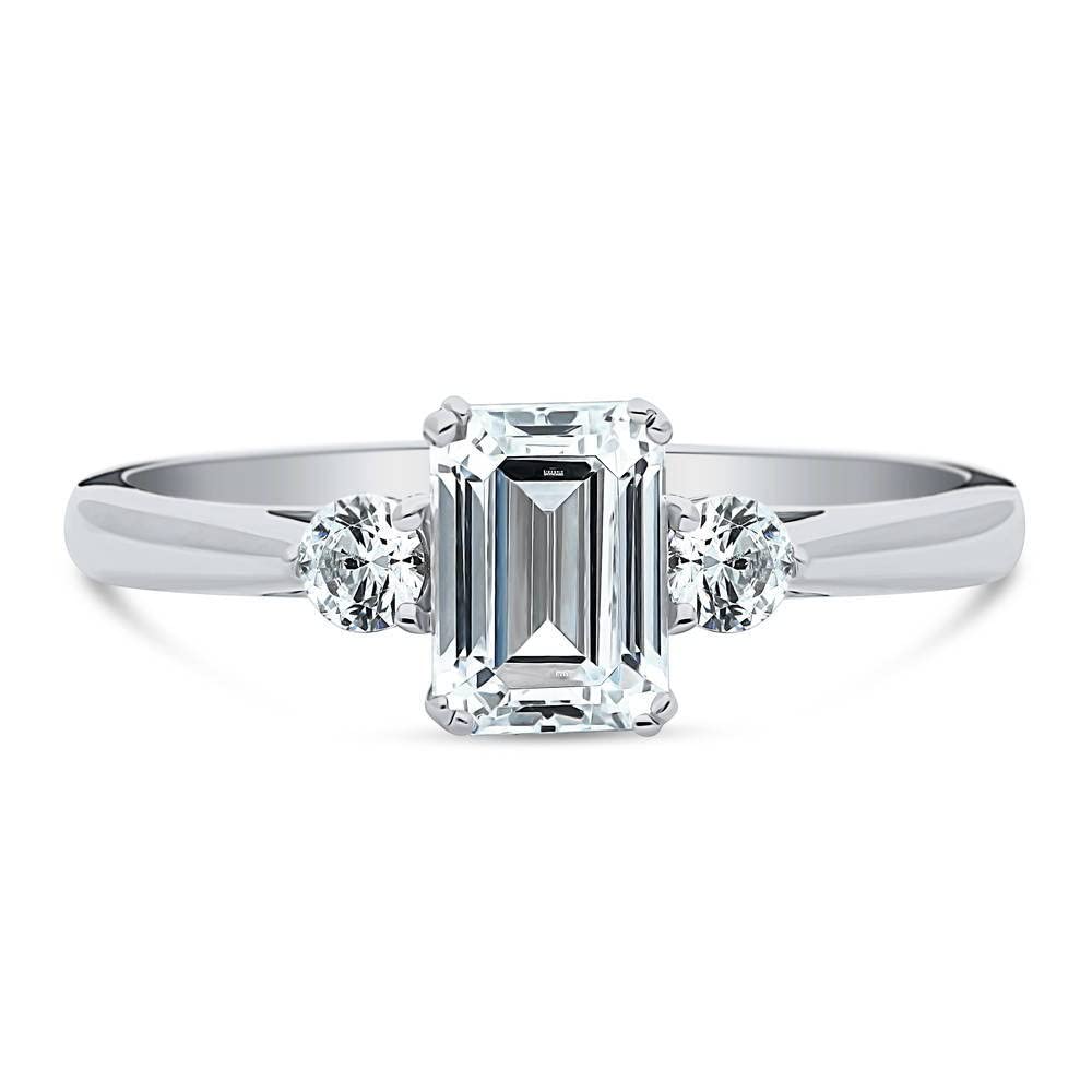 BERRICLE Sterling Silver 3-Stone Wedding Engagement Rings Emerald Cut Cubic Zirconia CZ Anniversary Promise Ring for Women, Rhodium Plated Size 4