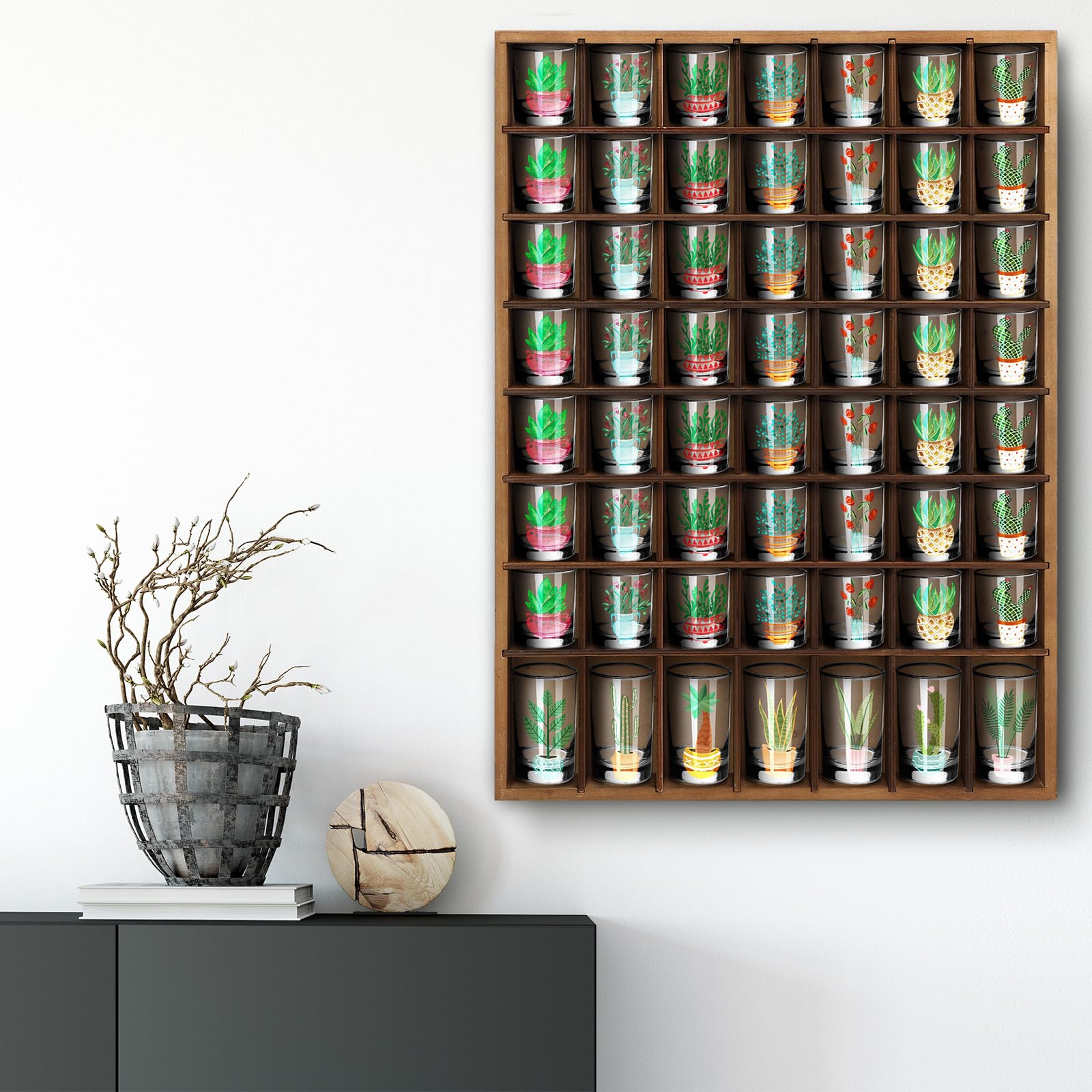 Barydat Shot Glass Display Case Wood Shot Glass Holder 56 Compartments Shot Glass Shelf Wall-Mounted Rustic Glass Bar Cabinet(Brown, 2 Pcs)