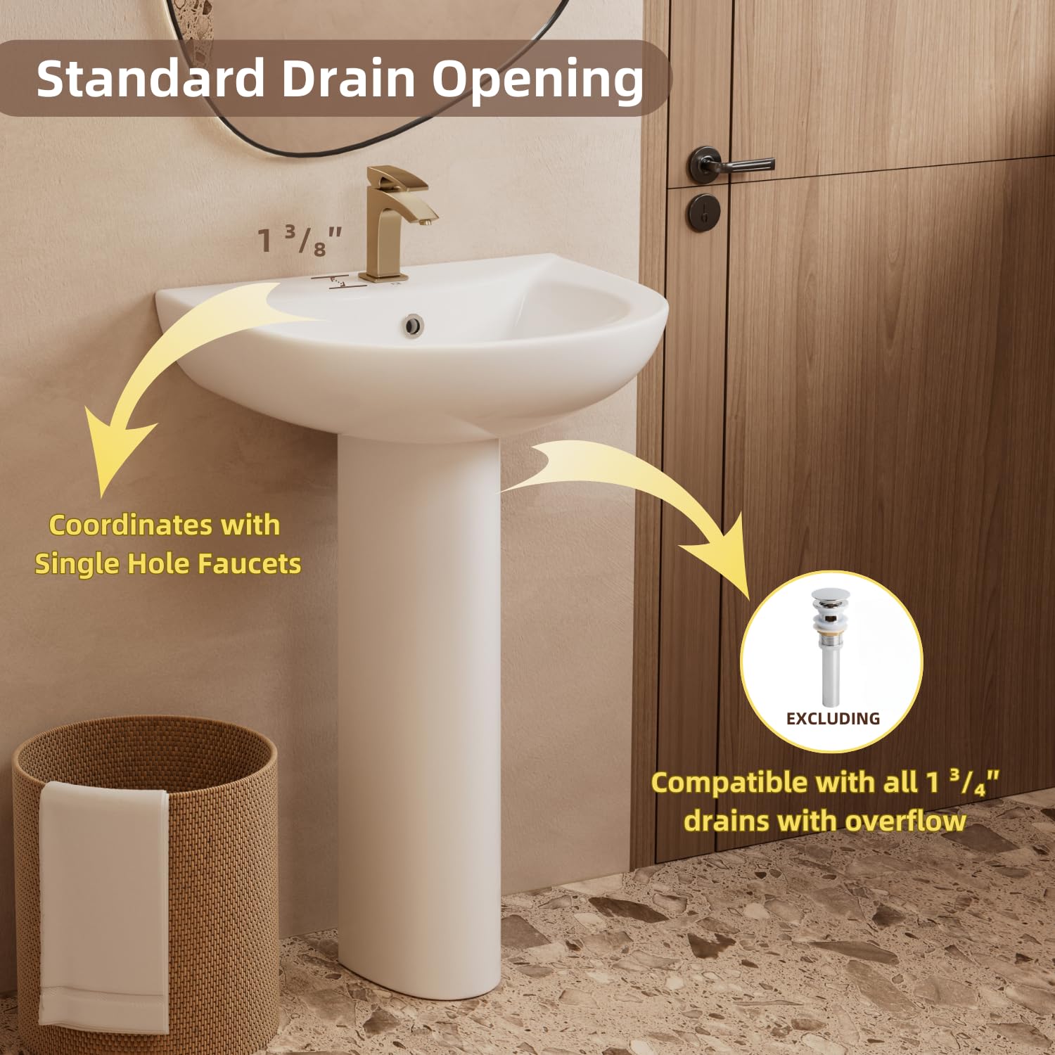 Classic Vintage Bathroom Pedestal Sink, Los Flexi 23"W x 19"D White Ceramic Freestanding Sinks for bathrooms, Overflow, 3 Pre-Drilled Holes for 4-Inch Faucets, Easy Install