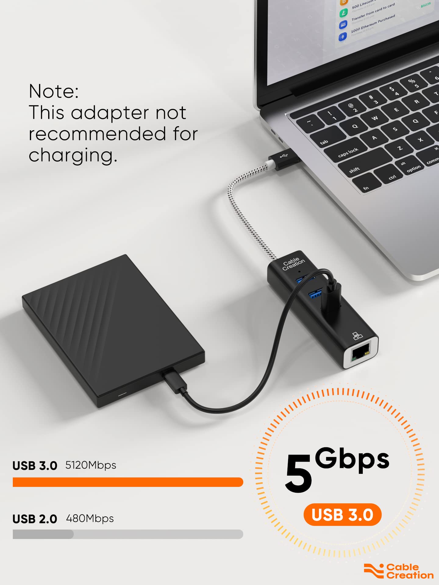 USB to Ethernet Adapter, CableCreation 3-Port USB 3.0 Hub, USB 3.0 Ethernet Adapter RJ45 10/100/1000 Mbps Gigabit Compatible with Windows PC, Laptop, MacBook Pro, USB Flash Drives etc, Aluminum Black
