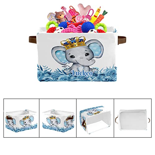 Blue Prince Floral Elephant Personalized Storage Basket,Custom Storage Bins Cubes Organizer with Handle for Bedroom Wardrobe,Nursery,Basket 1 Pack