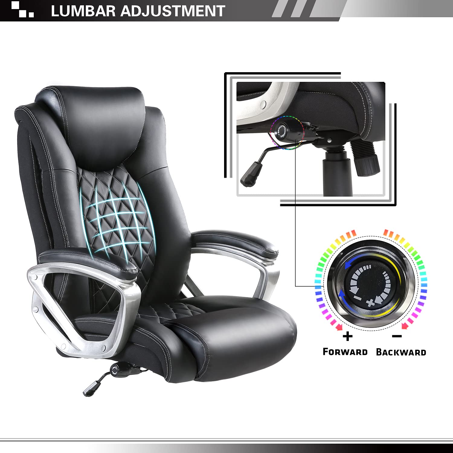 BOWTHY High Back Executive Office Chair 300lbs - Adjustable Built-in Lumbar Support, Ergonomic Leather Computer Desk Chair with Padded Armrest Swivel Chair for Home and Office (Black)