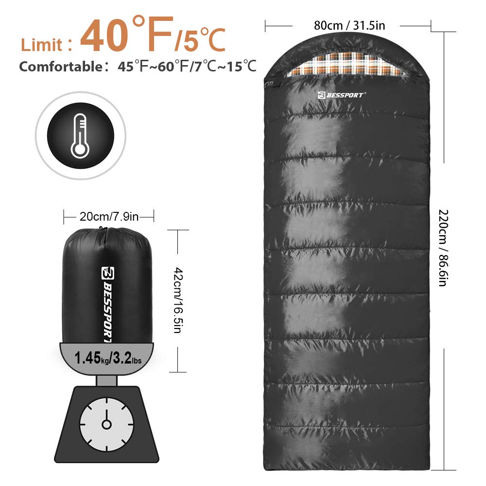 Bessport Sleeping Bag for Adults& Kids, 40β Winter Warm & Cold Weather 3-4 Season Sleeping Bag, Lightweight and Waterproof for Backpacking, Camping, Hiking