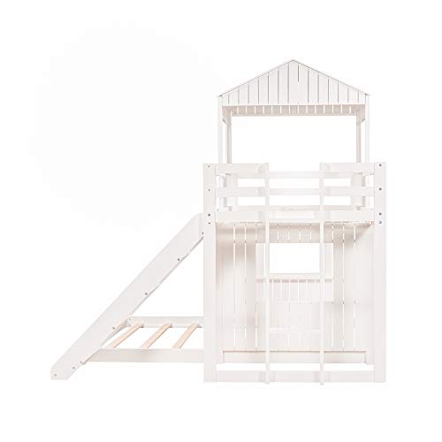 MERITLINE House Bed Bunk Beds with Slide Twin Over Full Size Bunk Bed Frame with Slide,Wooden Playhouse - Design Slide Bunk Beds Twin Over Full Bunk for Boys and Girls