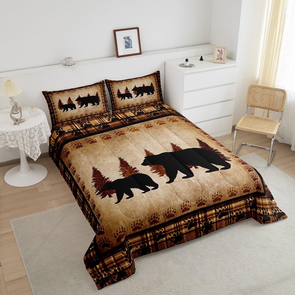 Feelyou Kids Bear Comforter Set Rustic Cabin Country Bedding Set Twin Size for Boys Girls Teens Rust Bear Comforter Wild Animal Brown Duvet Set with 1 Pillow Case