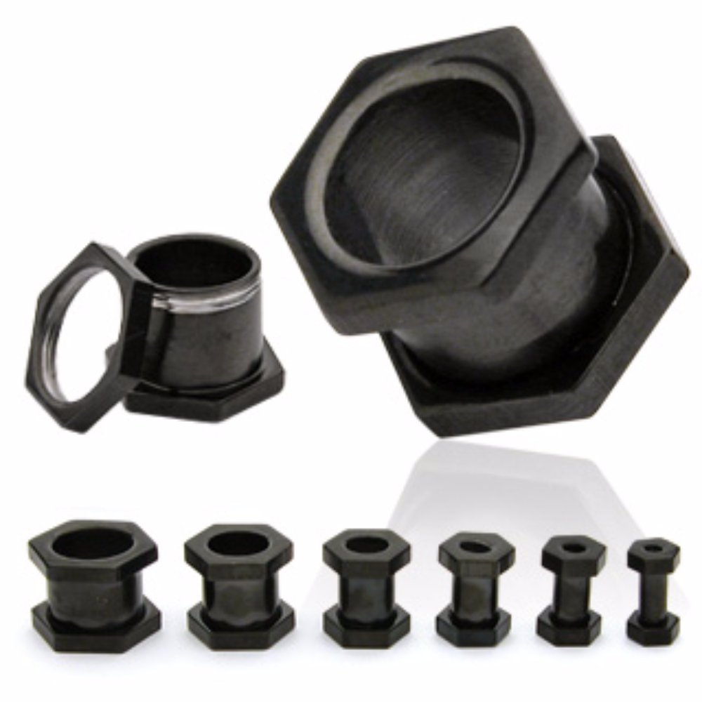 Black Titanium IP Over 316L Surgical Steel Hexagon WildKlass Screw Fit Tunnel (Sold as a Pair)