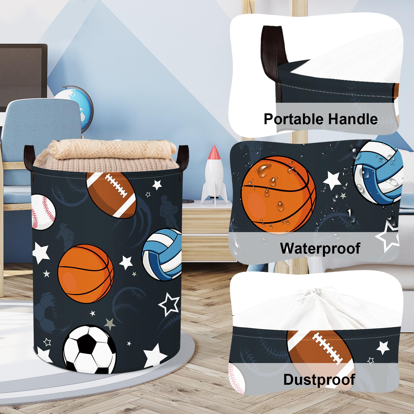 Clastyle 63L Large Sport Balls Kid Laundry Hamper with Handle for Boy Collapsible Clothes Toy Storage Basket with Lid for Bedroom Bathroom Nursery