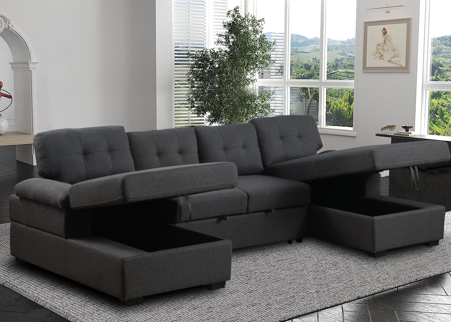 Beaugreen Modern Modular Sofa Couch, Dark Grey - Sectional Sleeper with Pull Out Bed, Double Storage Chaise, 4 Seater