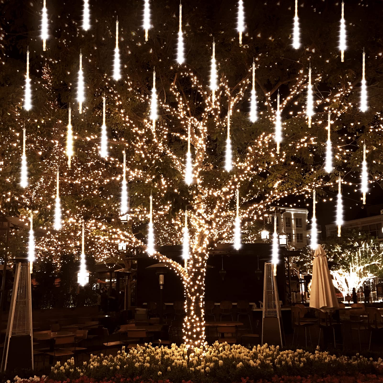 BestFire LED Meteor Shower Lights 11.8inch 8 Tubes 192 LEDs Falling Rain Lights Waterproof Falling Raindrop Light Meteor Shower Rain Lights for Home Xmas Tree Garden Outdoor Decoration, White