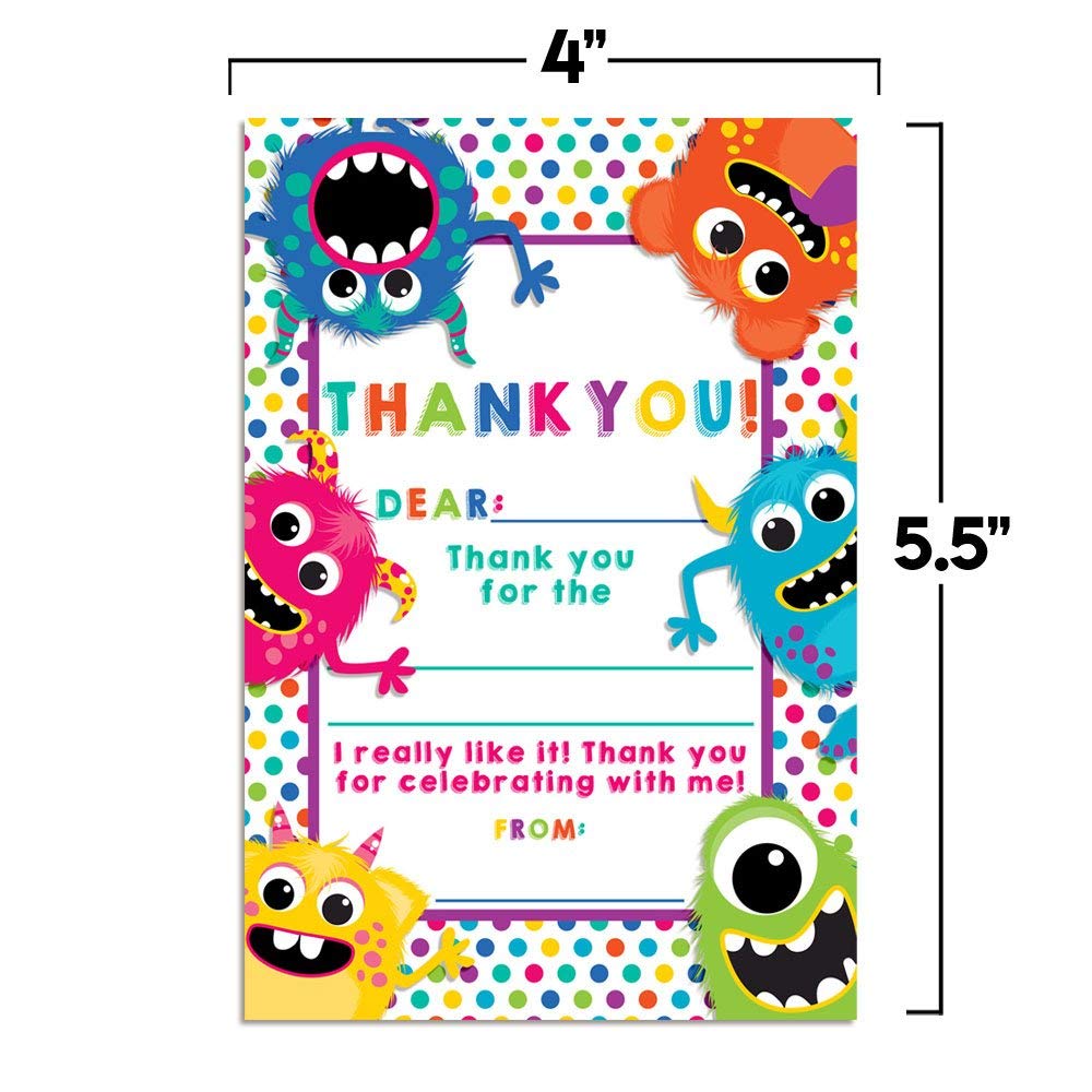 Cute & Colorful Monsters Thank You Notes for Kids, Ten 4" x 5.5" Fill In The Blank Cards with 10 White Envelopes by AmandaCreation