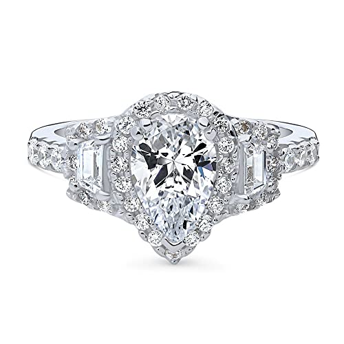 BERRICLE Sterling Silver 3-Stone Wedding Engagement Rings Pear Cut Cubic Zirconia CZ Halo Ring for Women, Rhodium Plated Size 7
