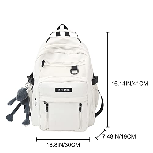 JARKJARD Cute Aesthetic Backpack Kawaii Backpack for School with Cute Pendant Casual Daypack Middle Student Travel College Bookbag for Girls Large Capacity(White)