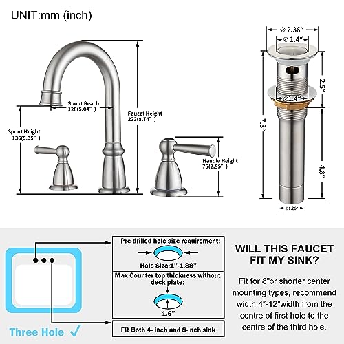 CREA Widespread Bathroom Faucet 3 Hole 8 inch Faucet Brushed Nickel with Pop Up Drain 2 Handle 4 inch Sink Faucets for Vanity Lavatory Basin Restroom Bath