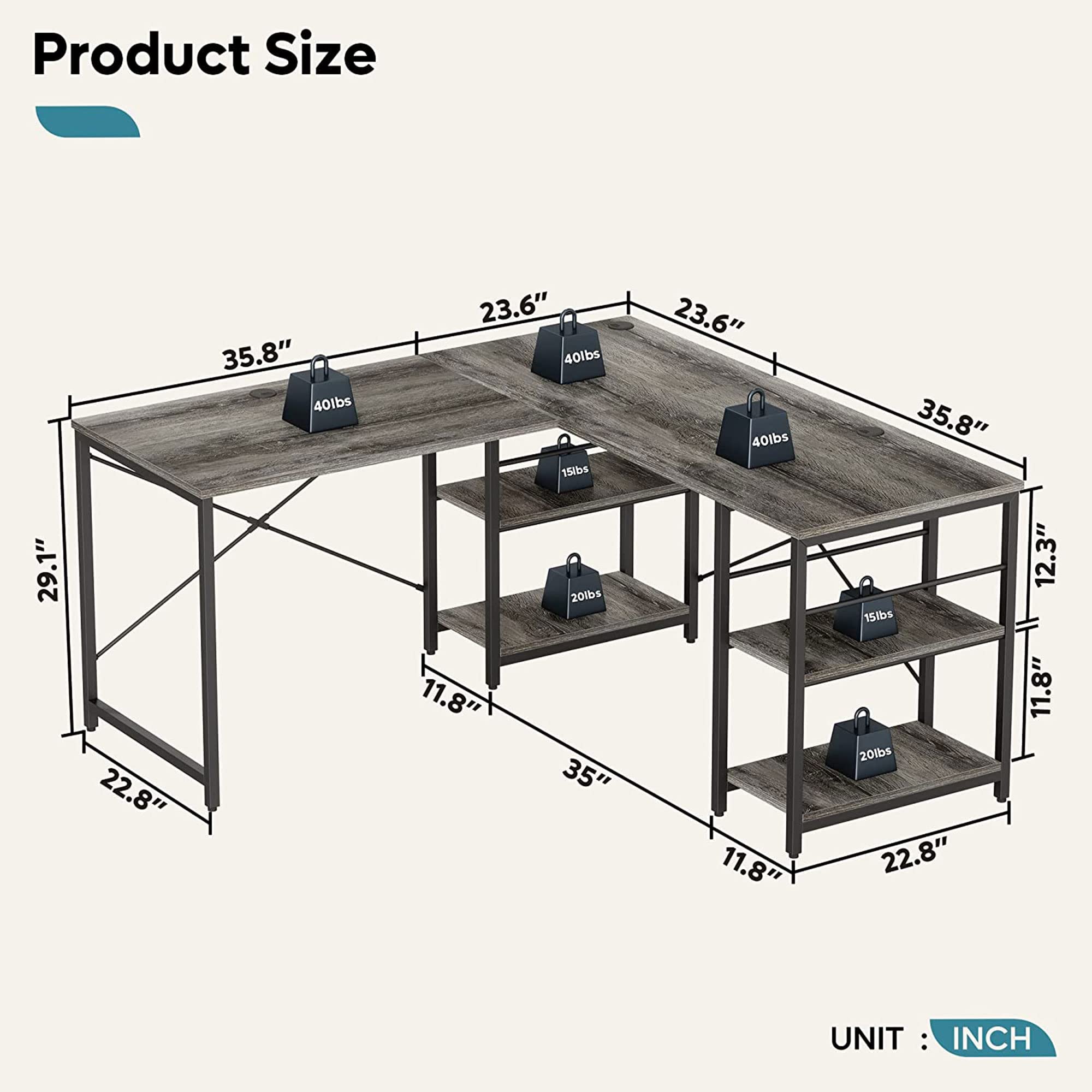 Bestier L Shaped Desk with Shelves,Reversible Corner Computer Desk or 2 Person Long Table for Home Office Large Gaming Writing Storage Workstation P2 Board with 3 Cable Holes, (Gray, 95 Inch)
