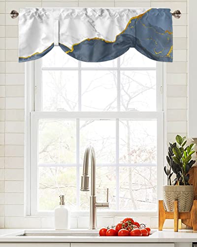 Marble Blue Haze Tie Up Valance Curtain for Kitchen Living Room Bedroom Bathroom Cafe, Rod Pocket Small Short Window Drape Panel Adjustable Drapary Print, Modern Abstract Gold White Gray 54"x18"