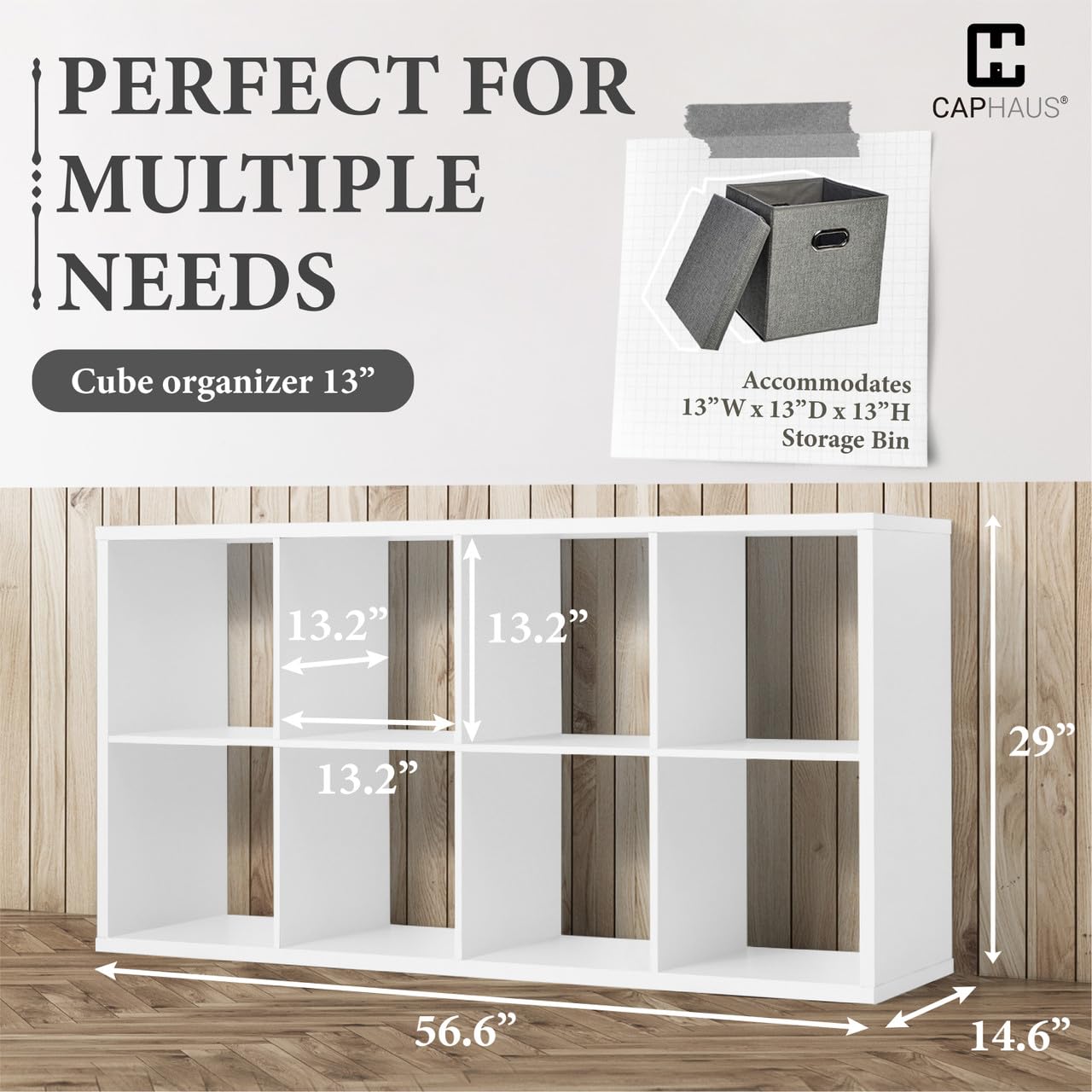 CAPHAUS Sturdy Room 13-Inch Cube Storage Organizer Shelf, with Extra Thick Exterior Edge, Open Storage Shelf Divider, Bookcase, 8-Cube, White