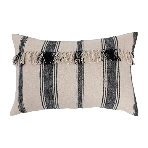 Creative Co-Op Woven Cotton Lumbar Pillow with Stripes and Fringe