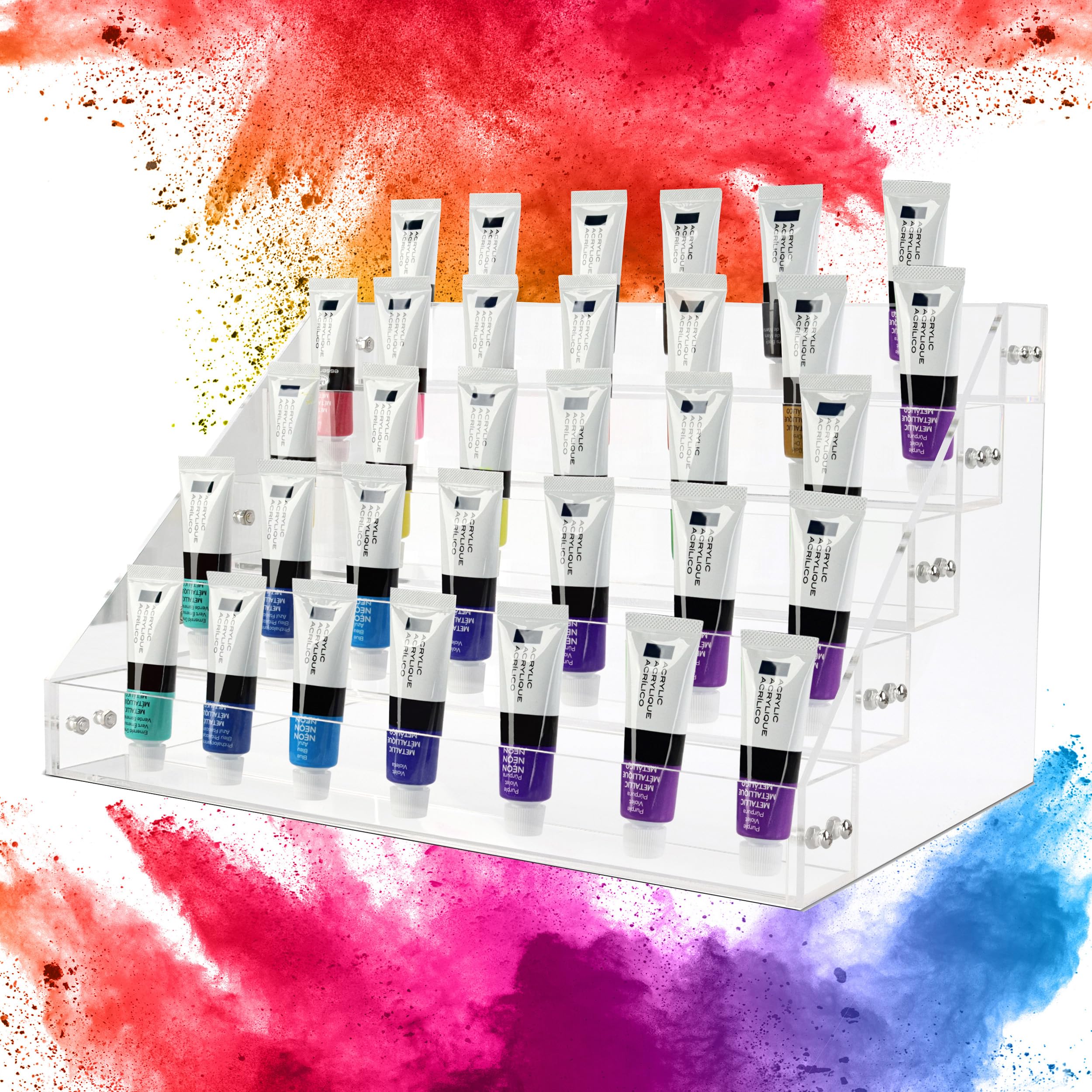 CraftyBook 5-Tiered Art Supply Storage Organizer with Paint Brush Holder - Clear Acrylic Tabletop Gel Polish Paint Storage Step Shelf - Acrylic Nail Polish Organizer Shelf for Hobby and Model Paint