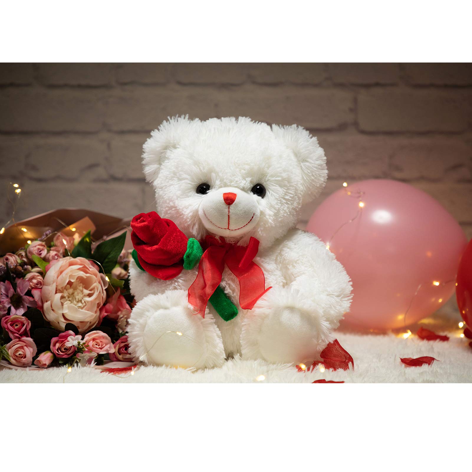 HollyHOME Teddy Bear Stuffed Animal Rose Bear with Red Bow Soft Plush Toy Holiday Valentine's Day Gift 12 Inches White