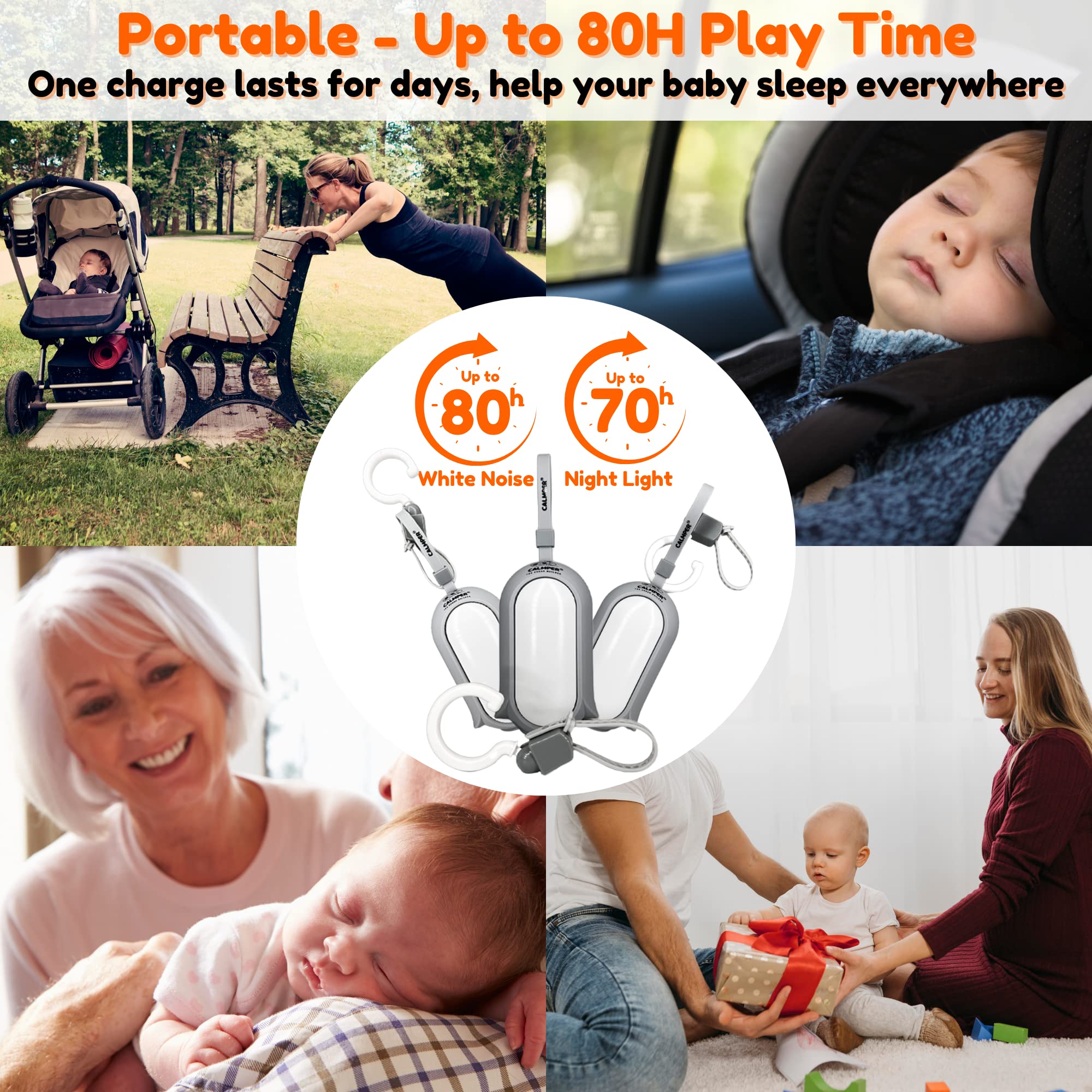Calmper Portable Sound Machine for Baby Sleeping with nightlight – 80H Continuous Shushing White Noises - 3 Auto-Off Timers - Sound Sensor Auto-On - Night Light for Kids - Baby Essentials (Gray)