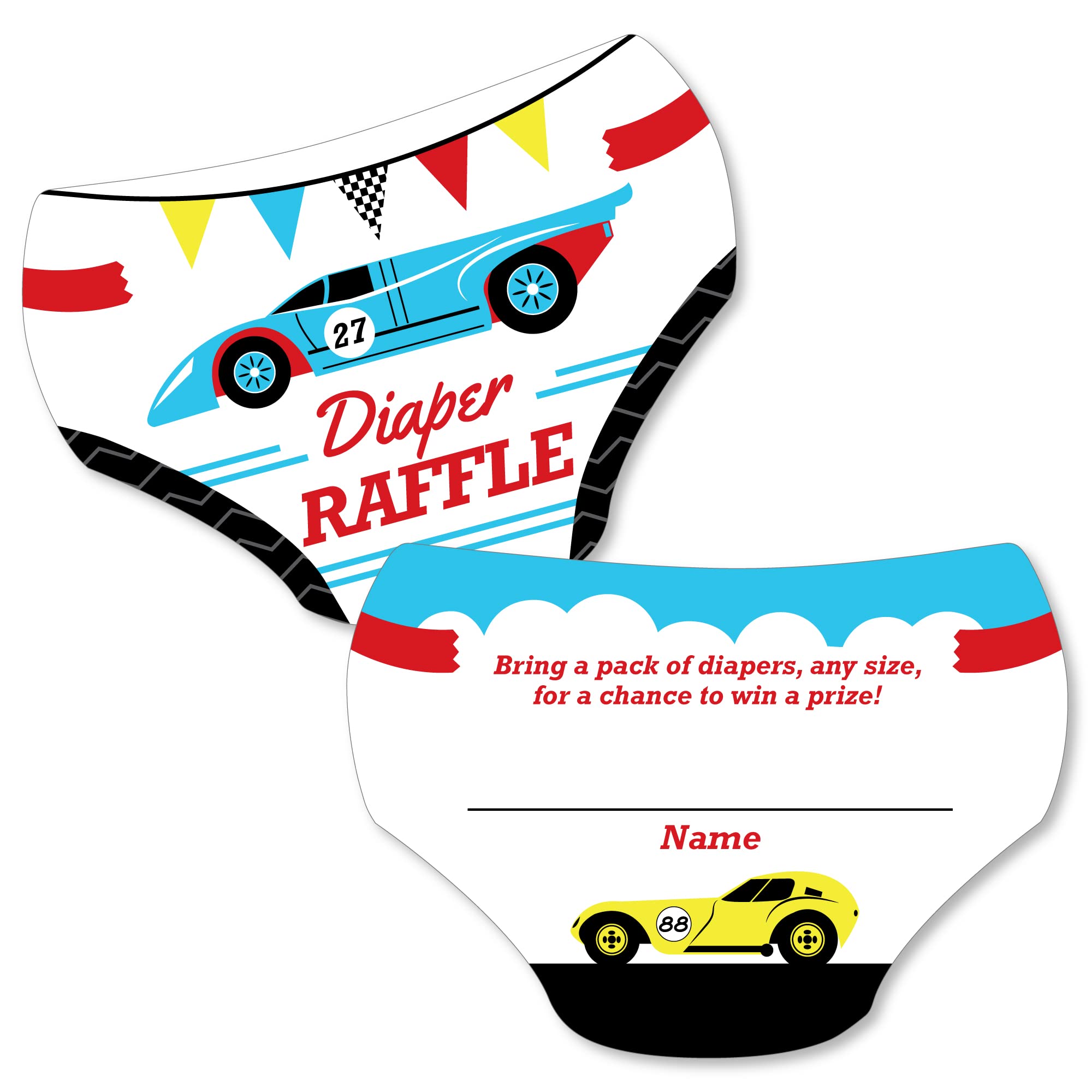Big Dot of Happiness Letโs Go Racing - Racecar - Diaper Shaped Raffle Ticket Inserts - Race Car Baby Shower Activities - Diaper Raffle Game - Set of 24