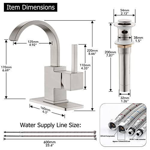 Brushed Nickel Single Hole Bathroom Faucet, Waterfall Single Handle RV Bathroom Faucet Fit for 1 or 3 Hole, with Deck Plate, Swivel 360 Degree Spout, Pop Up Drain and Water Supply Line, SGF05-BN
