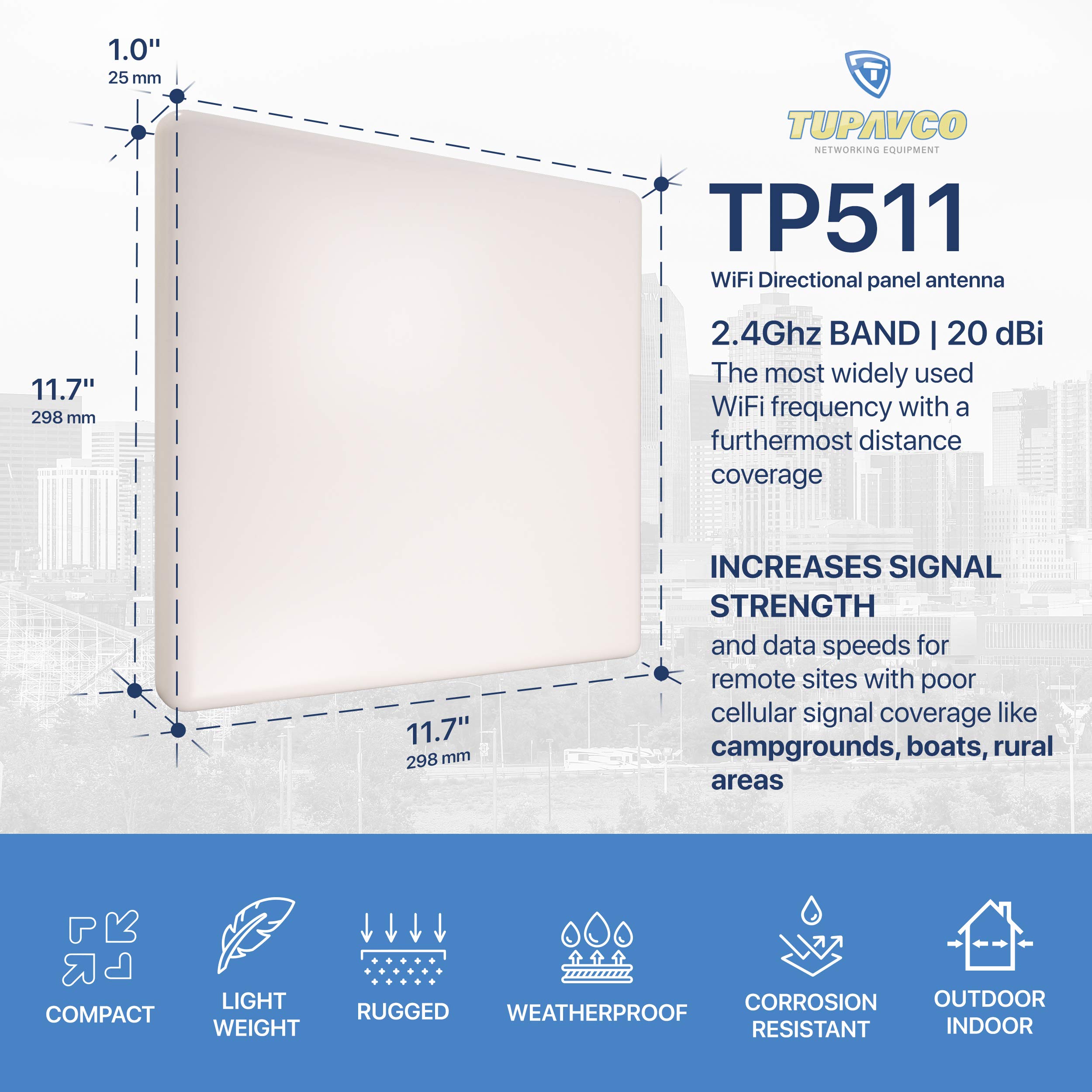 Tupavco TP511 WiFi Panel Antenna 2.4GHz (20dBi) Outdoor Directional (2400-2483 MHz) Wireless Network Signal (Pole Mast Mount) Weatherproof High-Gain Long Distance Range (N-Female Connector)