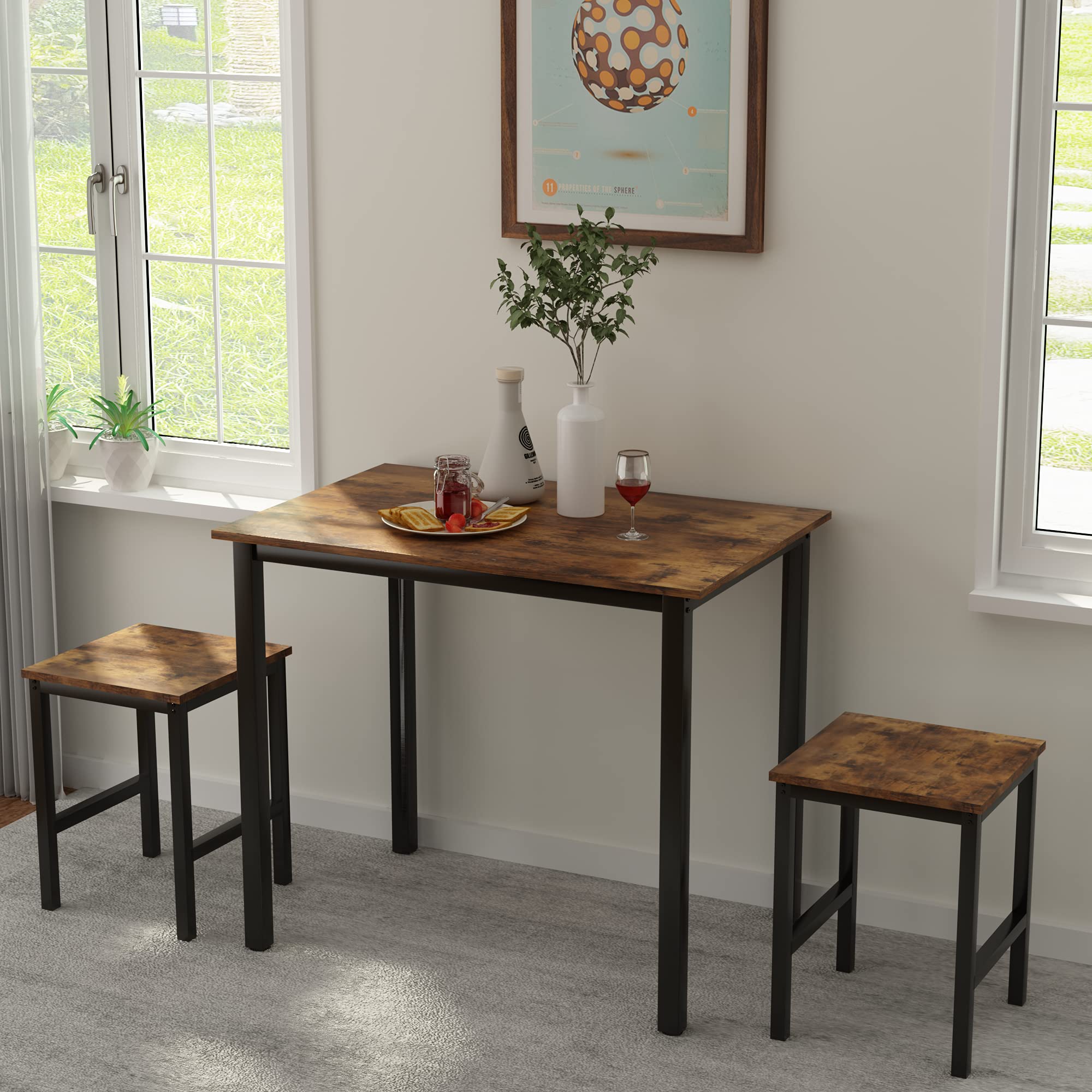 AWQM 3 Piece Dining Set, Small Dining Table and 2 Stools, Kitchen Breakfast Dining Table Set, Breakfast Table of 35.43 x 23.62 x 29.92 inches, Stools of 13.8 x 13.8 x 17.8 inches, Rustic Brown
