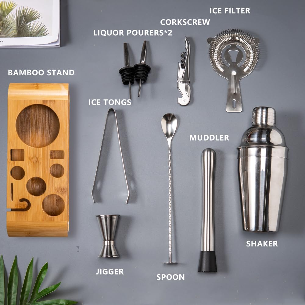 Bartender Kit: 10-Piece Bar Tool Set with Bamboo Stand | Perfect Home Bartending Kit and Martini Cocktail Shaker Set for a Perfect Drink Mixing Experience | Fun Housewarming Gift (Silver)