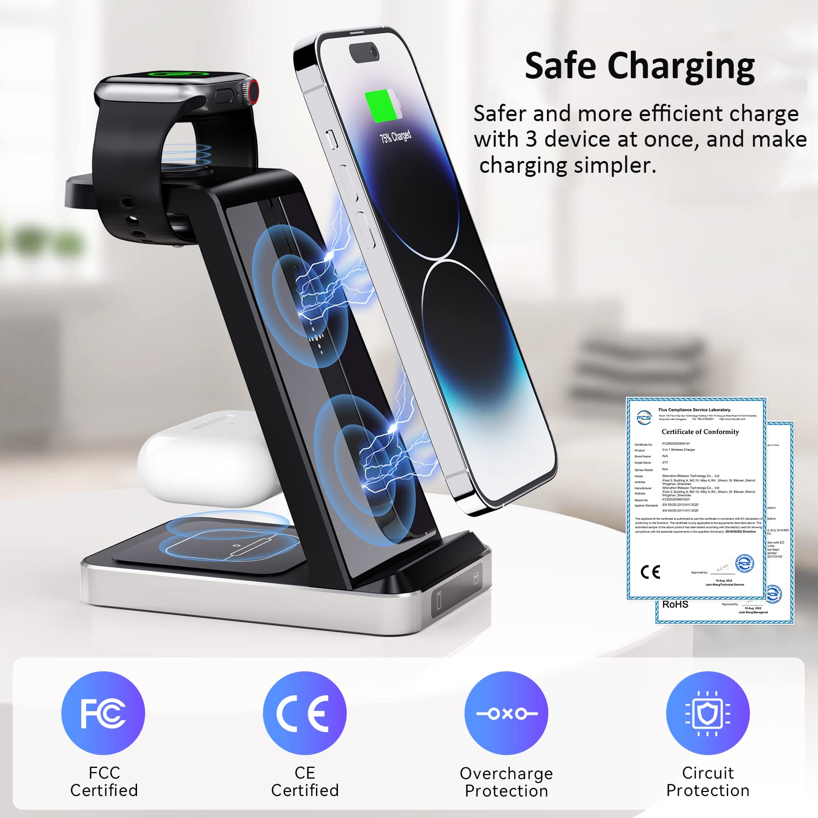 AZHWIN Charging Station for iPhone Multiple Devices - 3 in 1 Fast Wireless Charger Dock Stand for iPhone 14 13 12 11 Pro X Max XS XR 8 7 Plus Apple Watch Series 7 6 SE 5 4 3 2 & Airpods with Adapter
