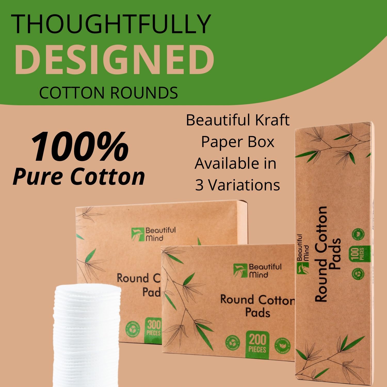 Beautiful Mind Cotton Rounds Makeup Remover Pads β Pack of 200 β Lint Free Eco-Friendly & Compostable β Use as Makeup Applicator, Nail Polish Remover, or Baby Care Pad β Kraft Box