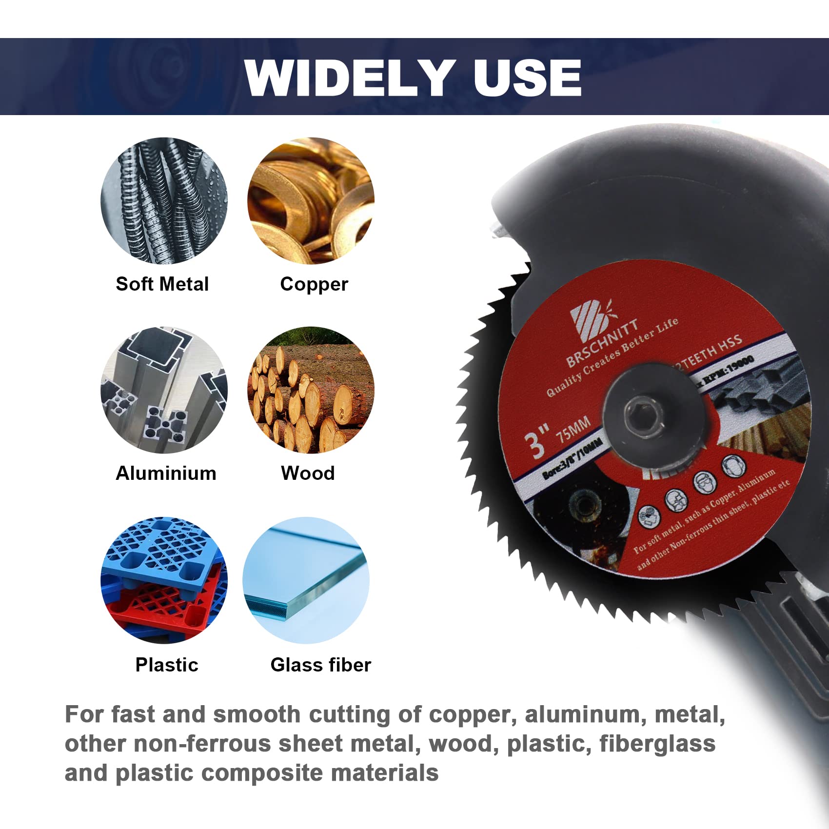 HSS Circular Saw Blade 3inch - BRSCHNITT 3pcs 72T 10mm Bore Cutting Discs for Wood, Copper, Aluminum, Plastic and Soft Metal
