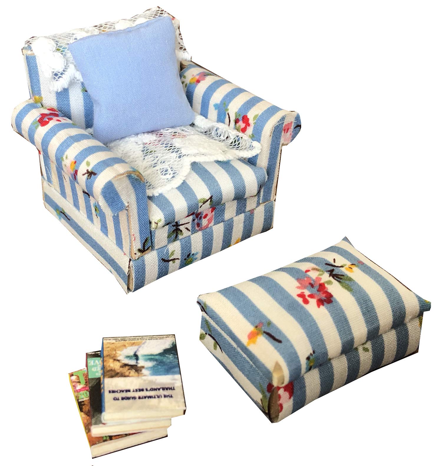 Dollhouse DIY Kit, Sofa Chair with Ottoman, Miniature Living Room Furniture Armchair, Blue White Fabric, Accessories for 3 to 4 inch Dolls, 1/24 Scale