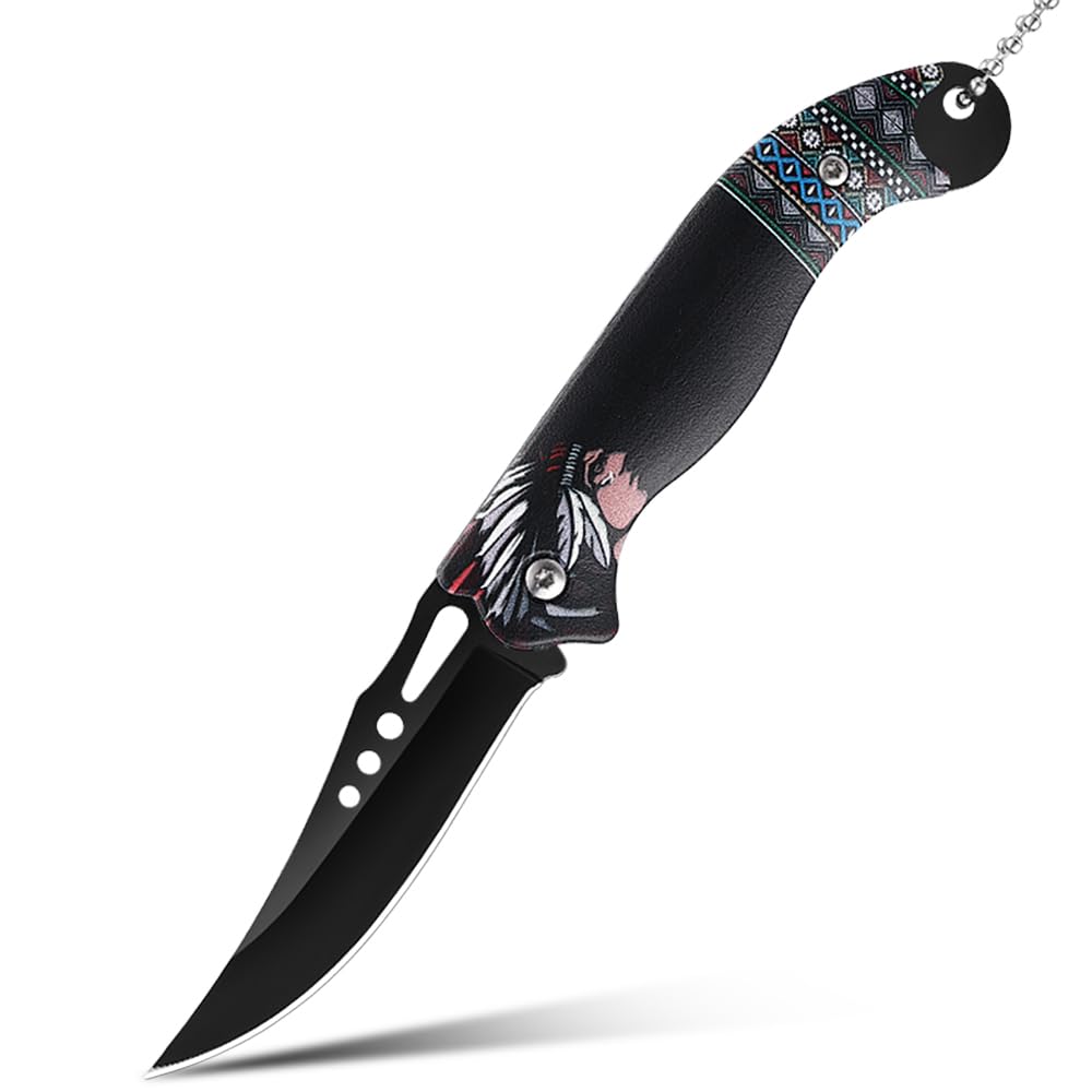 SELUCREH Mini Folding Knife for EDC,Stainless Steel Blade with Indiana Totem, Pocket Clip for Men or Women. (Black)