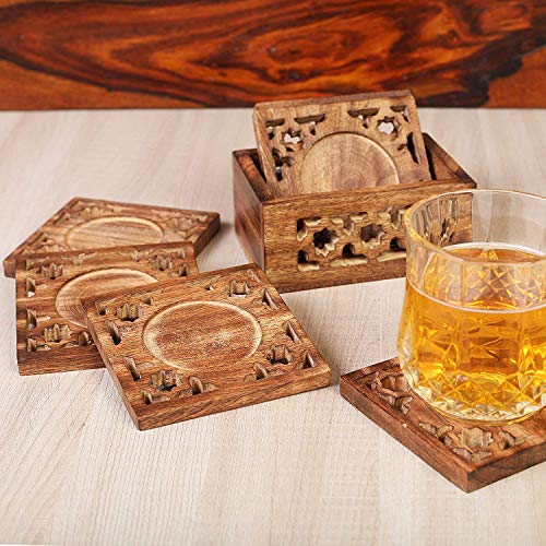 Rusticity Drink Coasters with Holder | Wood Coasters Set of 6 for Tabletop Protection, Suitable for Kinds of Cups, Rustic Coasters for Wooden Table, Cool Home Decor, 4.8x4 in