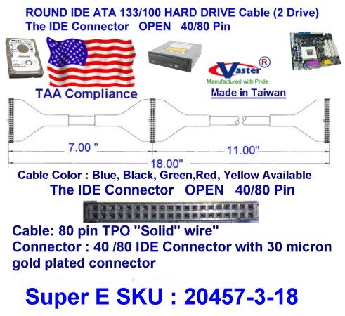 UDMA 40/80 Round IDE/EIDE/ATA HDD Data Cable, 2 Drive 18 Inches, BLACK Color