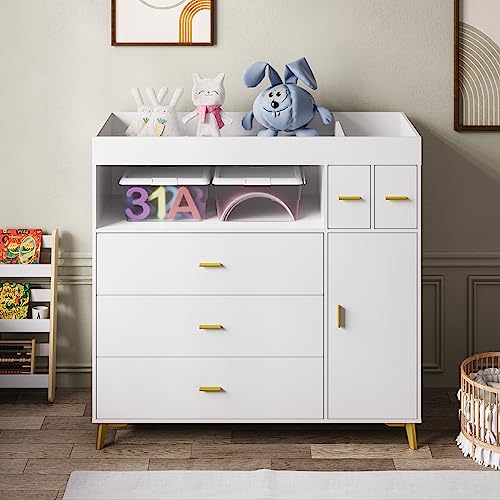 PakaLife Changing Table with Drawers, White Drawer Dresser,Changing Table Dresser with 5 Drawer & Cabinet