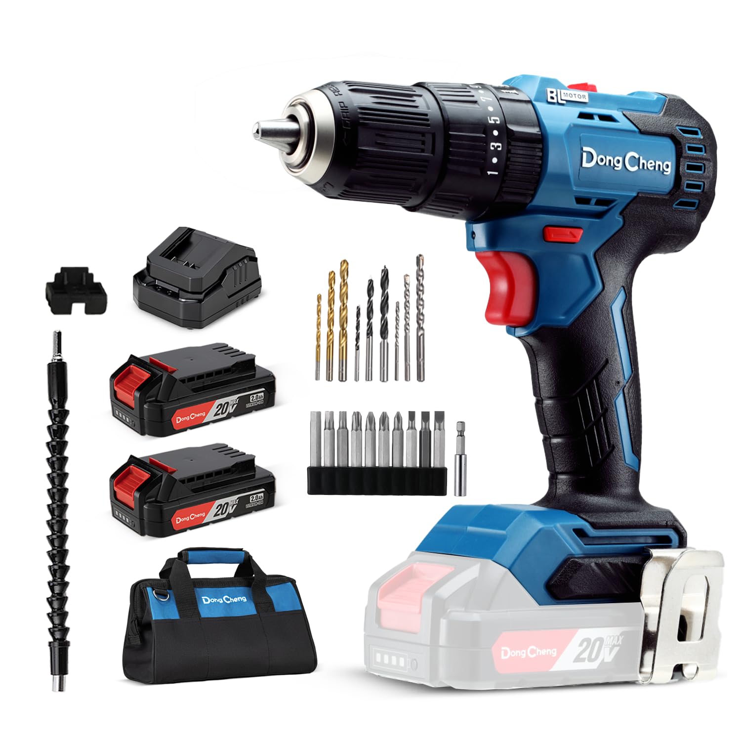 Dong Cheng 20V Brushless Heavy-duty Impact Drill, 435 in.lbs, 27000 BPM, 1/2" Keyless Metal Chuck, 20+1+1 Clutch, Cordless Hammer Drill with 2 Battery Kit for Drilling Brick Wall, Metal, Wood