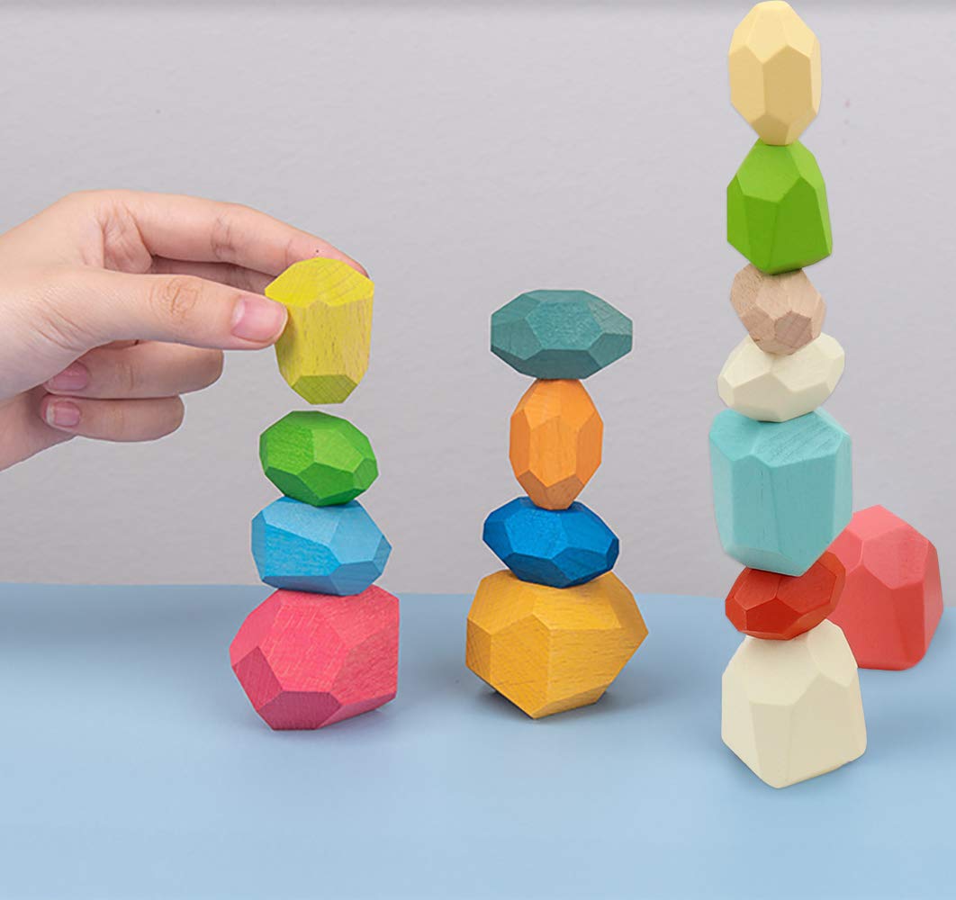 LSJDEER 40 PCS Wooden Rocks Balance Stones Building Blocks Set, Colored Wood Balancing Stone Stacking Game, Lightweight Natural Educational Preschool Learning Large Small Puzzle Toy for Kids