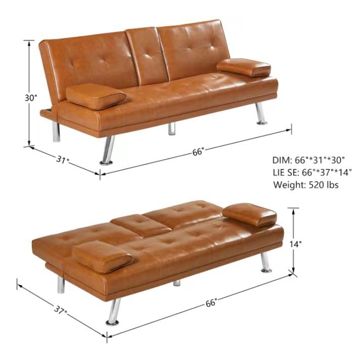Convertible Folding Futon Sofa Bed with Metal Legs & 2 Cupholders, Modern Fabric Leather Upholstered Couch Loveseat Sleeper, Folding Couches Bed, Removable Armrests for for Small Spaces (Brown+New)