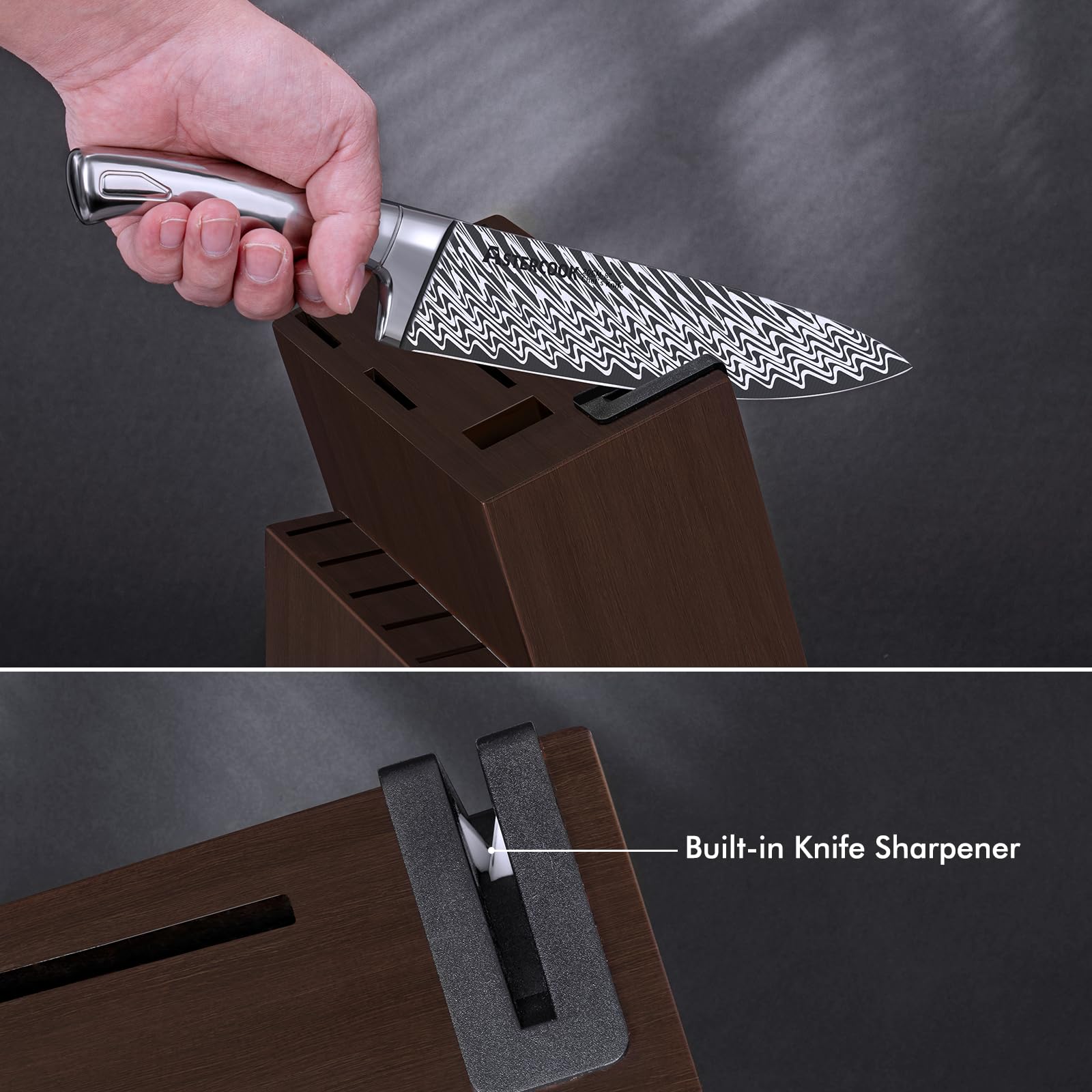 Astercook Knife Set, 20 Pieces Damascus Kitchen Knife Set with Block, Built-in Knife Sharpener, German Stainless Steel Knife Block Set, Dishwasher Safe