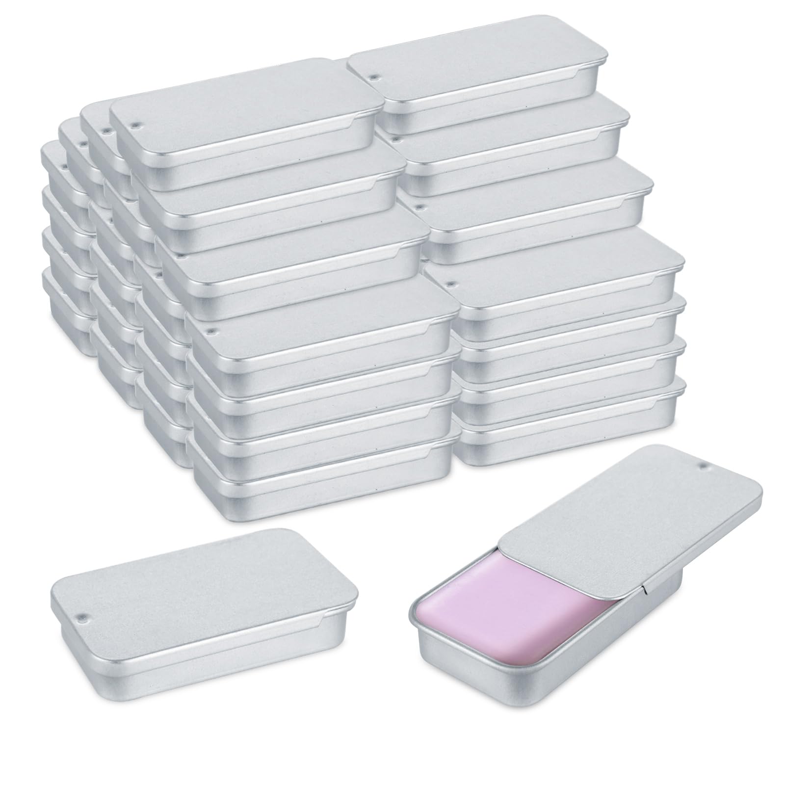 DAJAVE 100 Pack Metal Slide Top Tin Containers, 0.5 oz Mini Metal Tin Containers, Rectangle Metal Tin Box with Slide Lids for Lip Balm Jewelry Crafts Pills(Silver)
