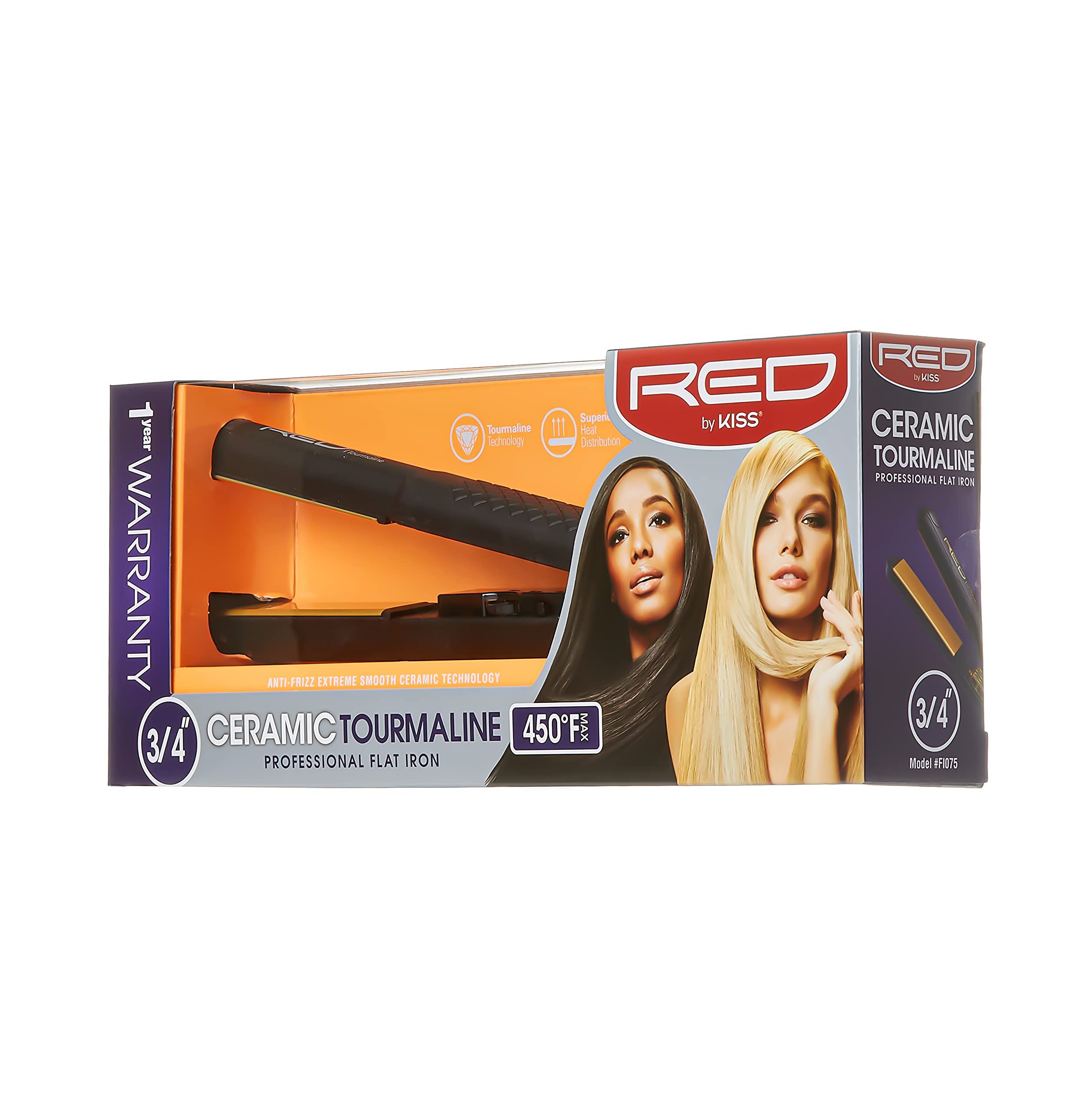 RED by KISS Ceramic Tourmaline Flat Iron (3/4", Ceramic) Eliminates Frizz, Preserves Hair Moisture, Instant Variable Temperature Control with On/Off Button